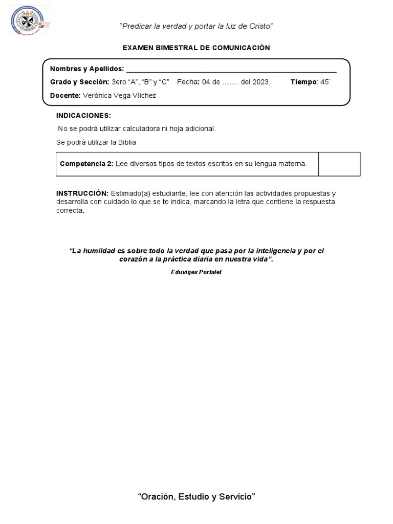 Examen Bimestral De Comunicación Para 3ero A B Y C Pdf