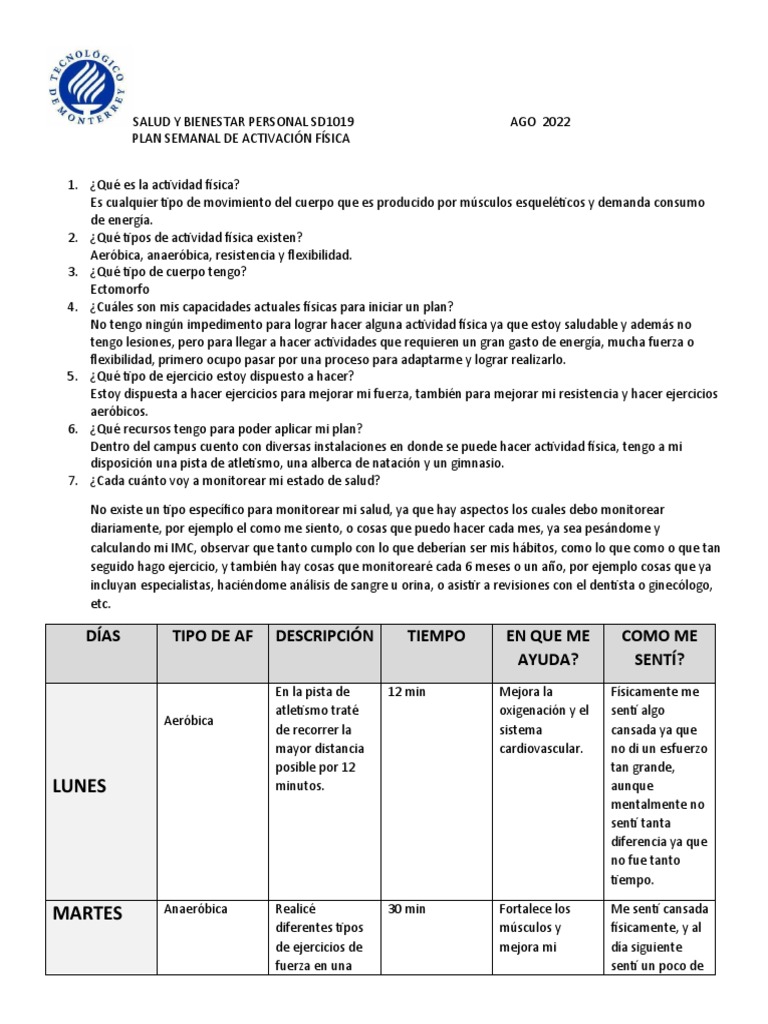 Programa de Actividad Fisica Semanal | PDF | Ejercicio aerobico ...