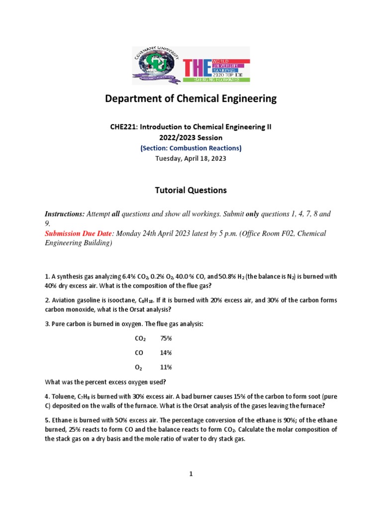 Combustion Reactions Tutorial Questions - CHE221 | PDF | Carbon Dioxide ...