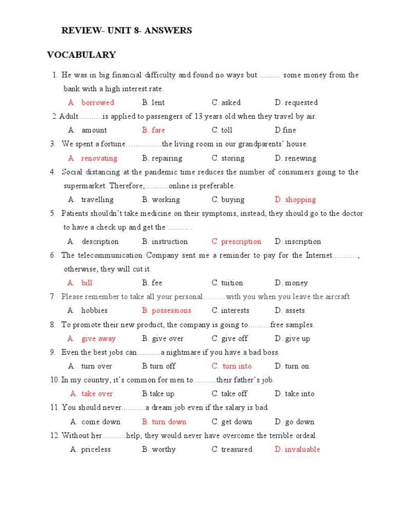 Review Unit 8 Answer | PDF | Banks | Payments