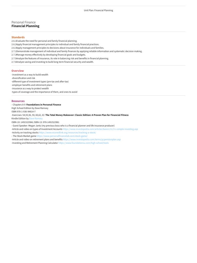 Unit Plan Financial Planning | PDF