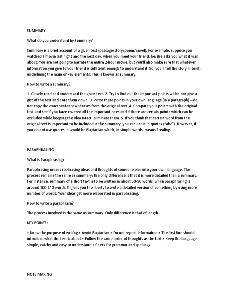 SUMMARY, PARAPHRASING AND NOTE MAKING Notes | PDF | Cognition | Human ...
