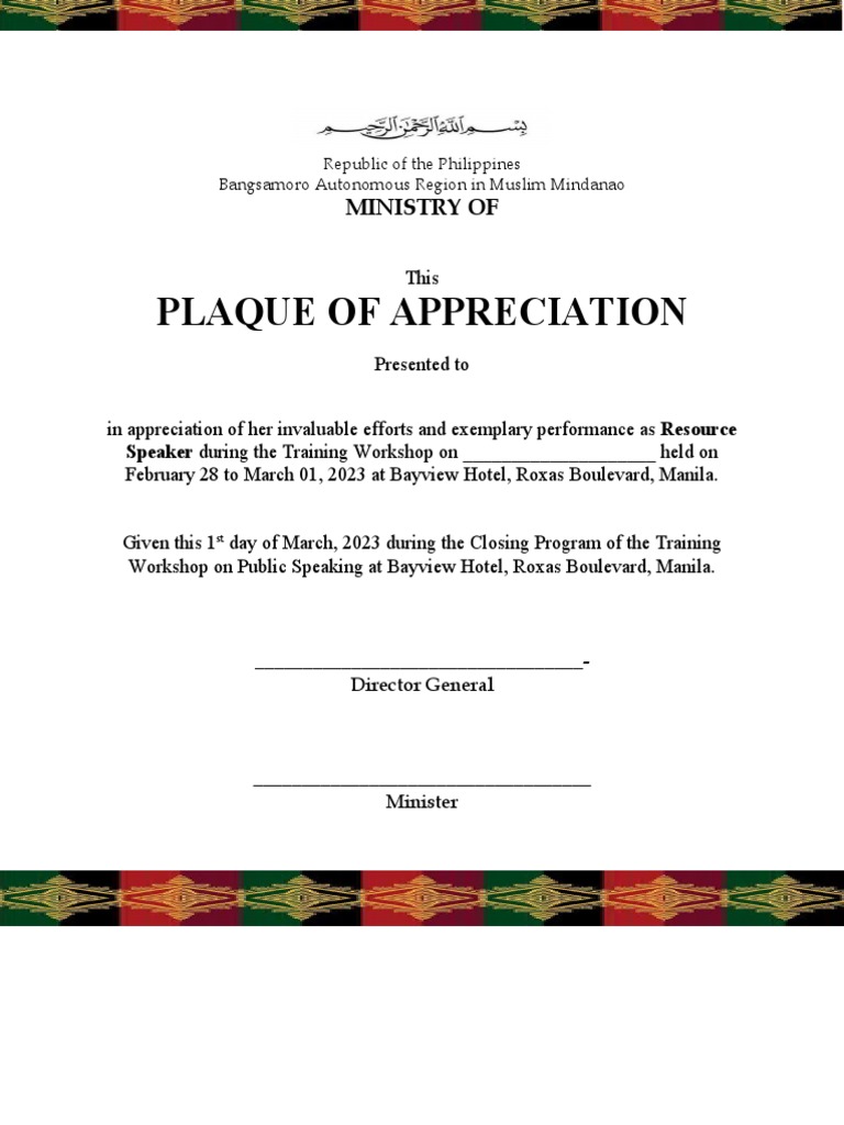 PLAQUE OF APPRECIATION Seminar | PDF