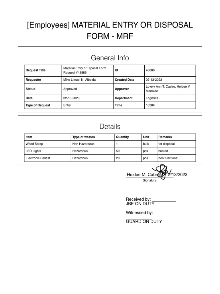(Employees) Material Entry or Disposal Form - MRF: General Info | PDF