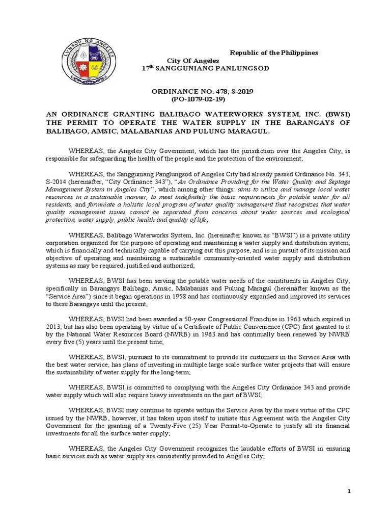 478 - 2019 Balibago Waterworks System Inc. Bwsi Permit To Operate in Brgys Balibago, Amsic ...