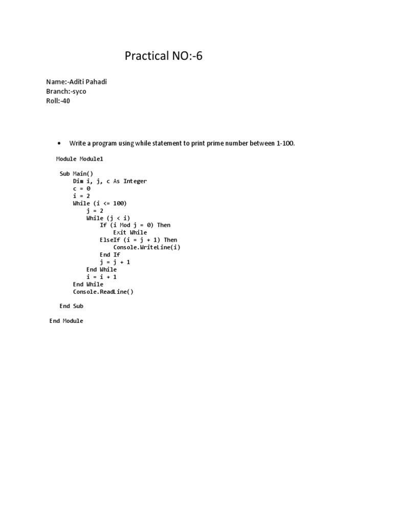 Practical NO:-6: Name:-Aditi Pahadi Branch:-Syco Roll:-40 | PDF | Technology & Engineering