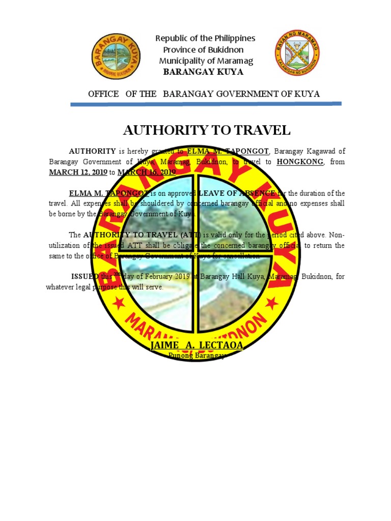 Authority To Travel: Barangay Kuya Office of The Barangay Government of ...