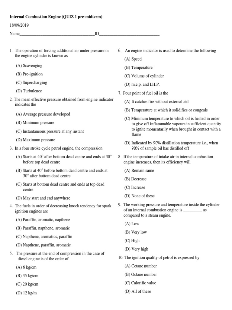 Engineering Students' Quiz | PDF | Internal Combustion Engine | Diesel ...