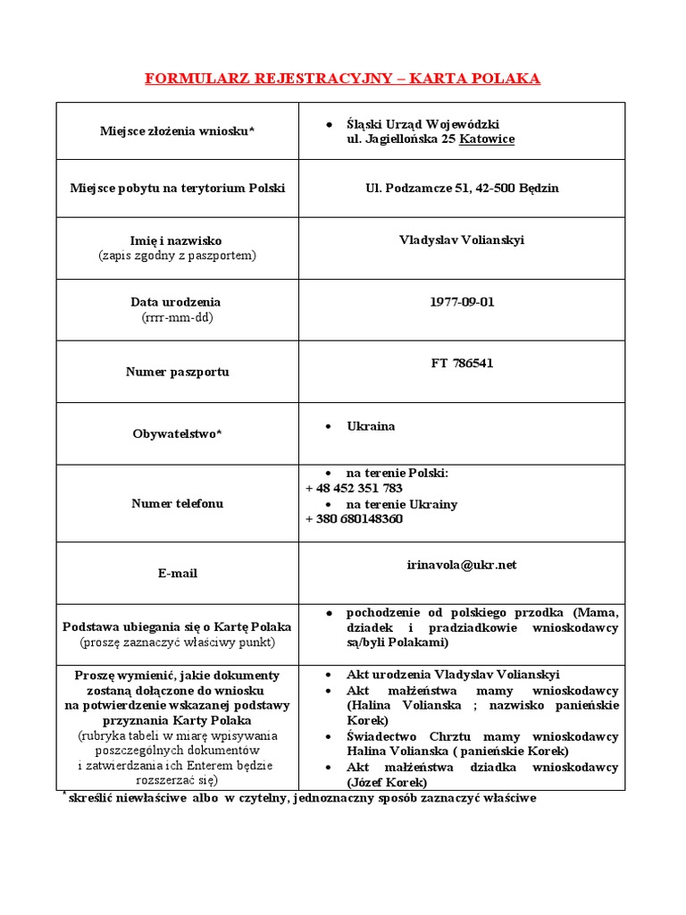 Formularz rejestracyjny - Karta Polaka-1 - WERSJA POSZERZONA (1) | PDF