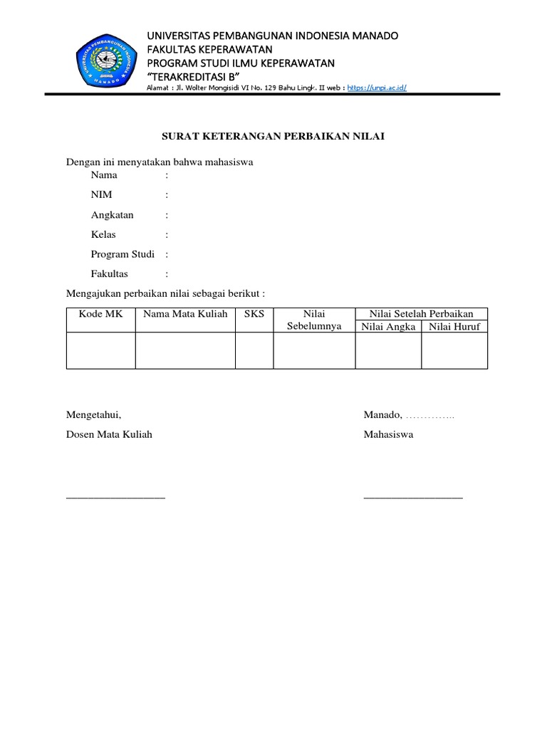 Surat Keterangan Perbaikan Nilai | PDF