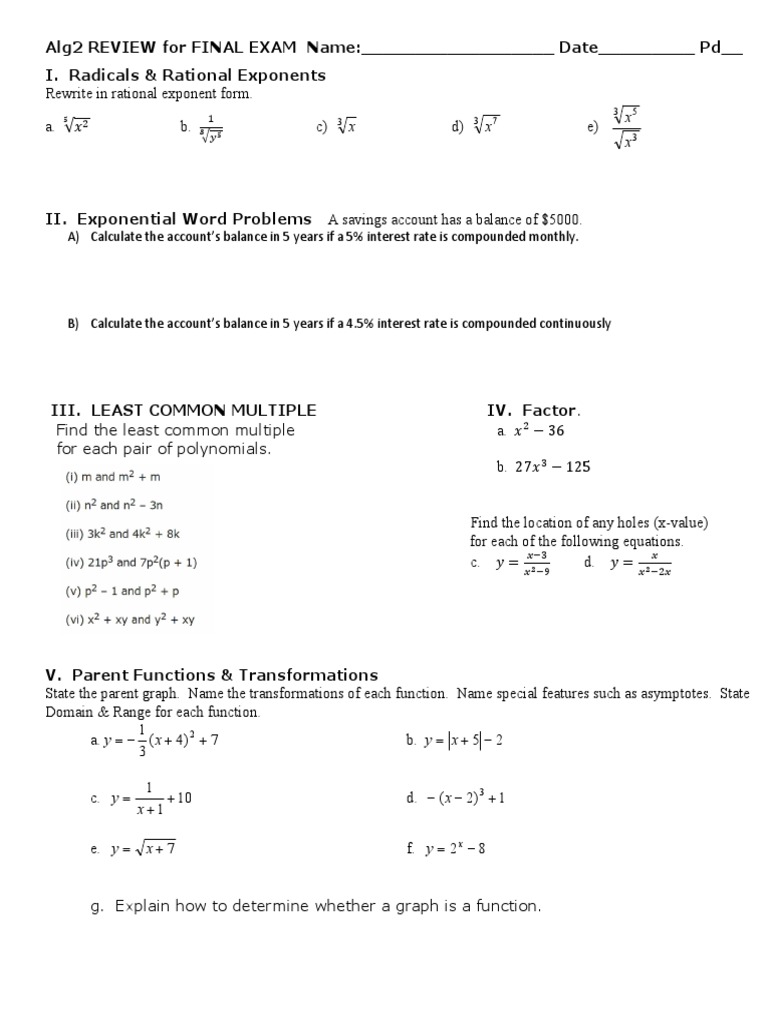 Algebra 2 Final Practice Test | Download Free PDF | Zero Of A Function ...