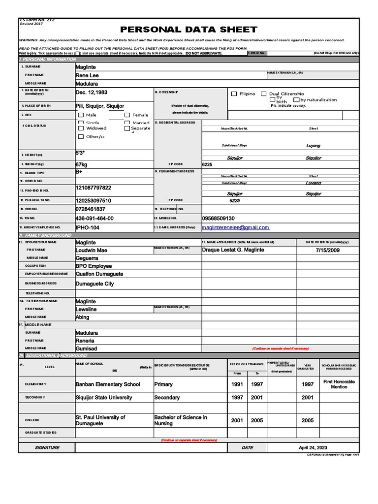 Personal Data Sheet | PDF | Nursing | Health Care