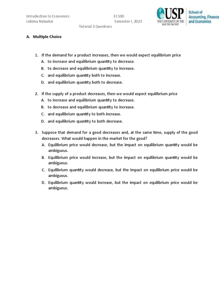 Tutorial 3 Questions Pdf Supply And Demand Economic Equilibrium