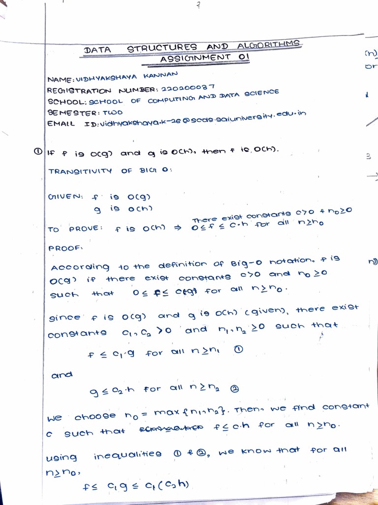 Data Structures and Algorithms Assignment 01 Solutions | Sai University | 2022-2023 | PDF