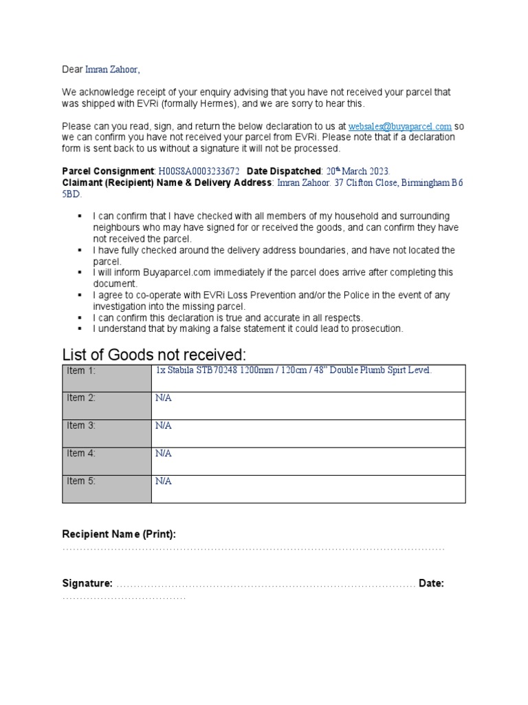 List of Goods Not Received:: Imran Zahoor | PDF | Social Science | Law