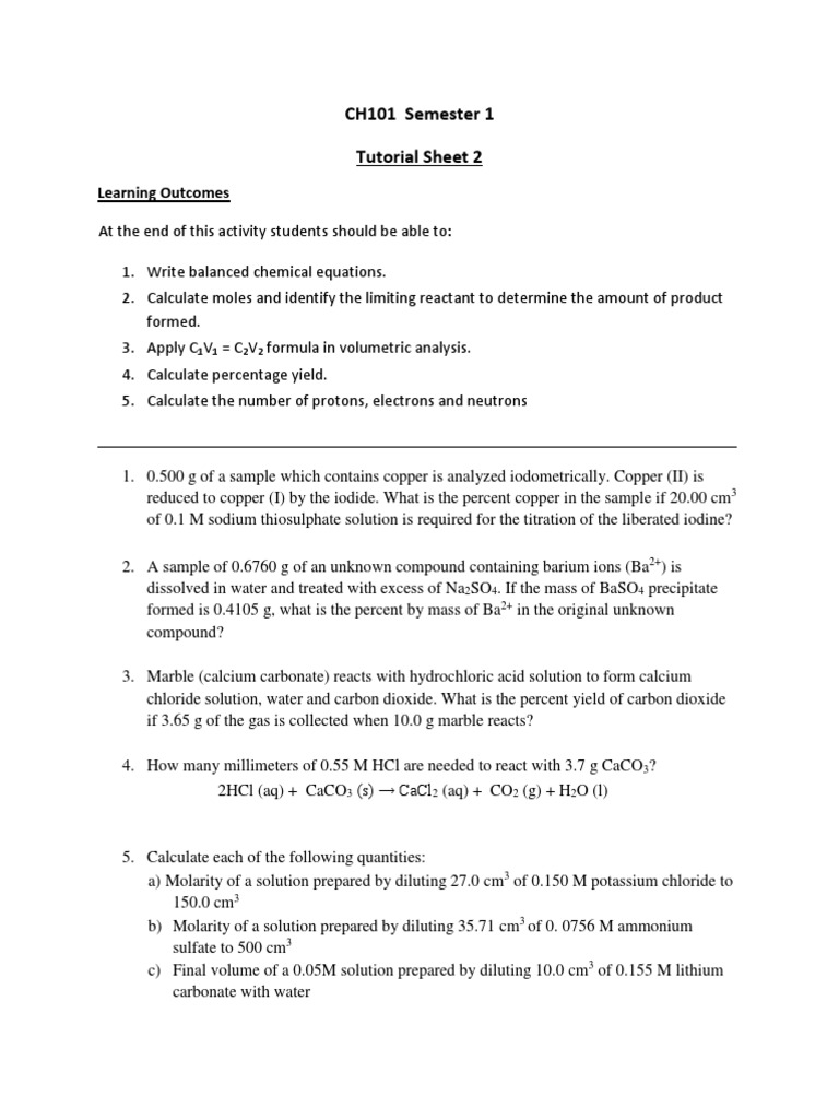 CH101 Tutorial Sheet 2 | PDF | Chemistry | Titration