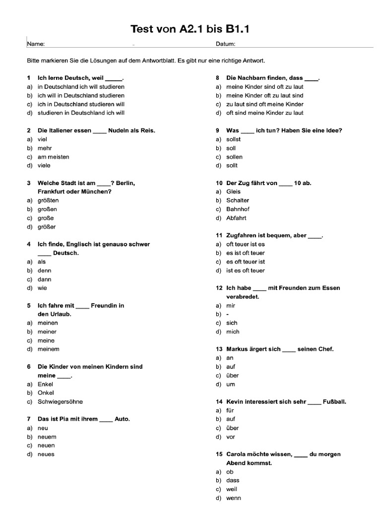 Einstufungstest A2 - B1.1 Deutsch | PDF