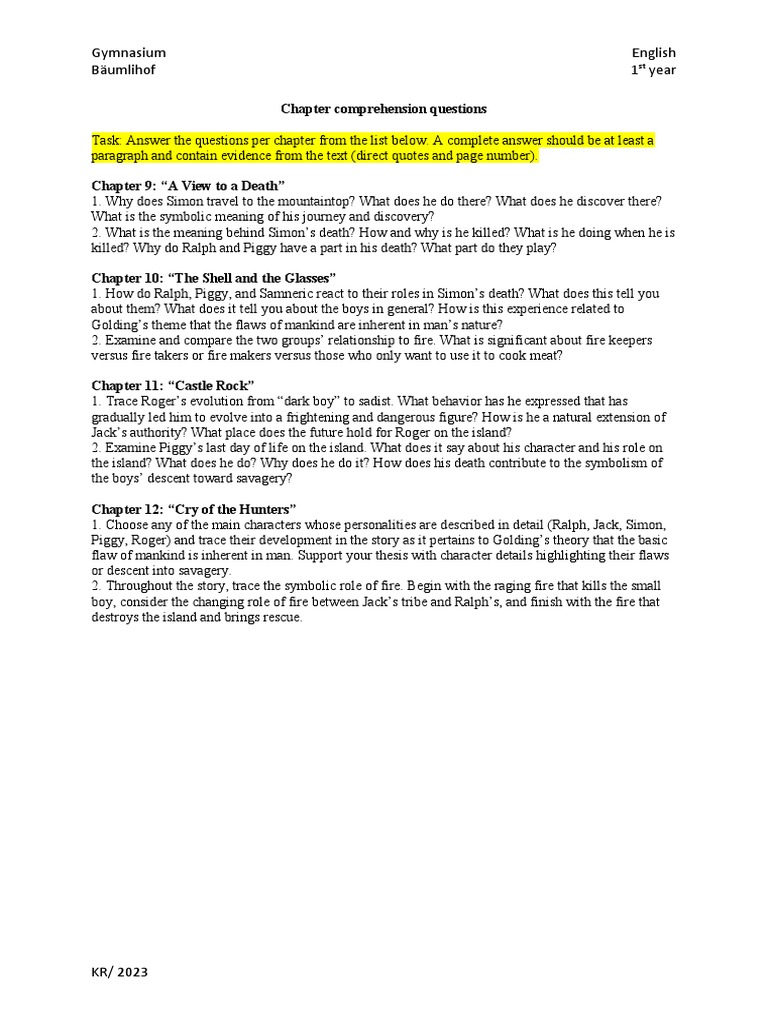 Chapter 12 Discussion Guide: LOTF | PDF | Socrates