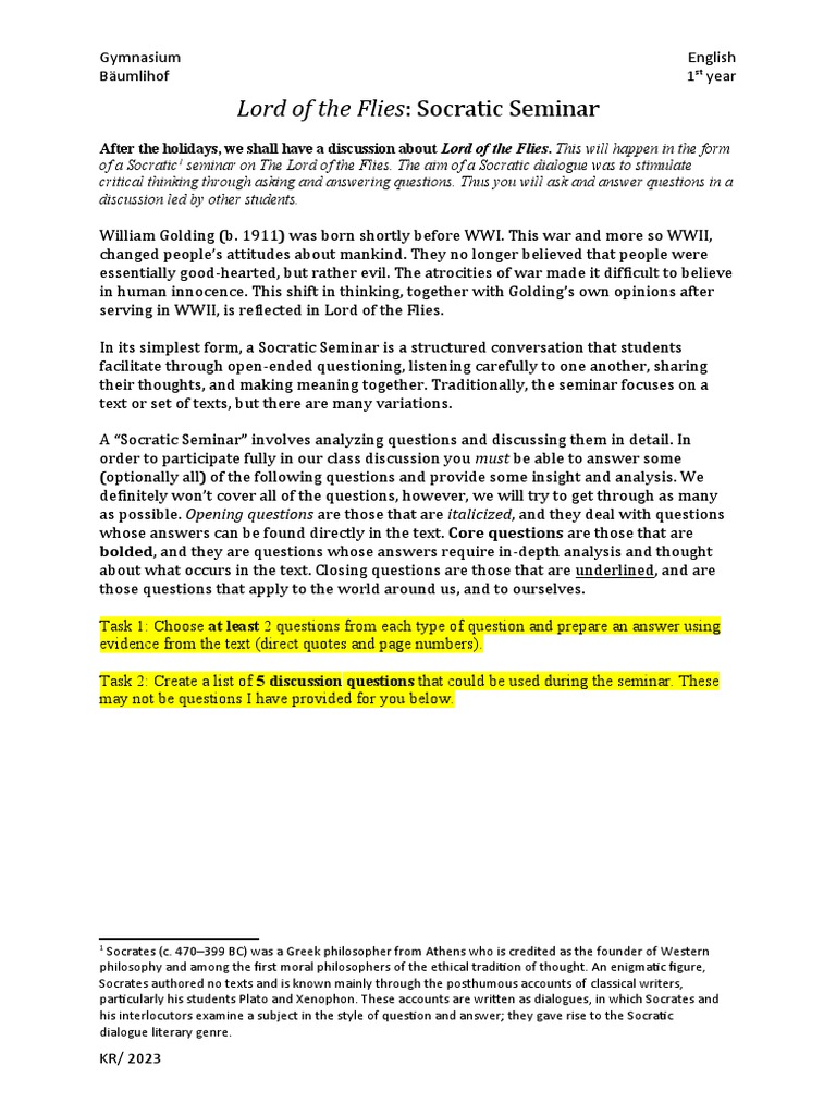 Socratic Seminar - Lord of The Flies | Download Free PDF | Socrates
