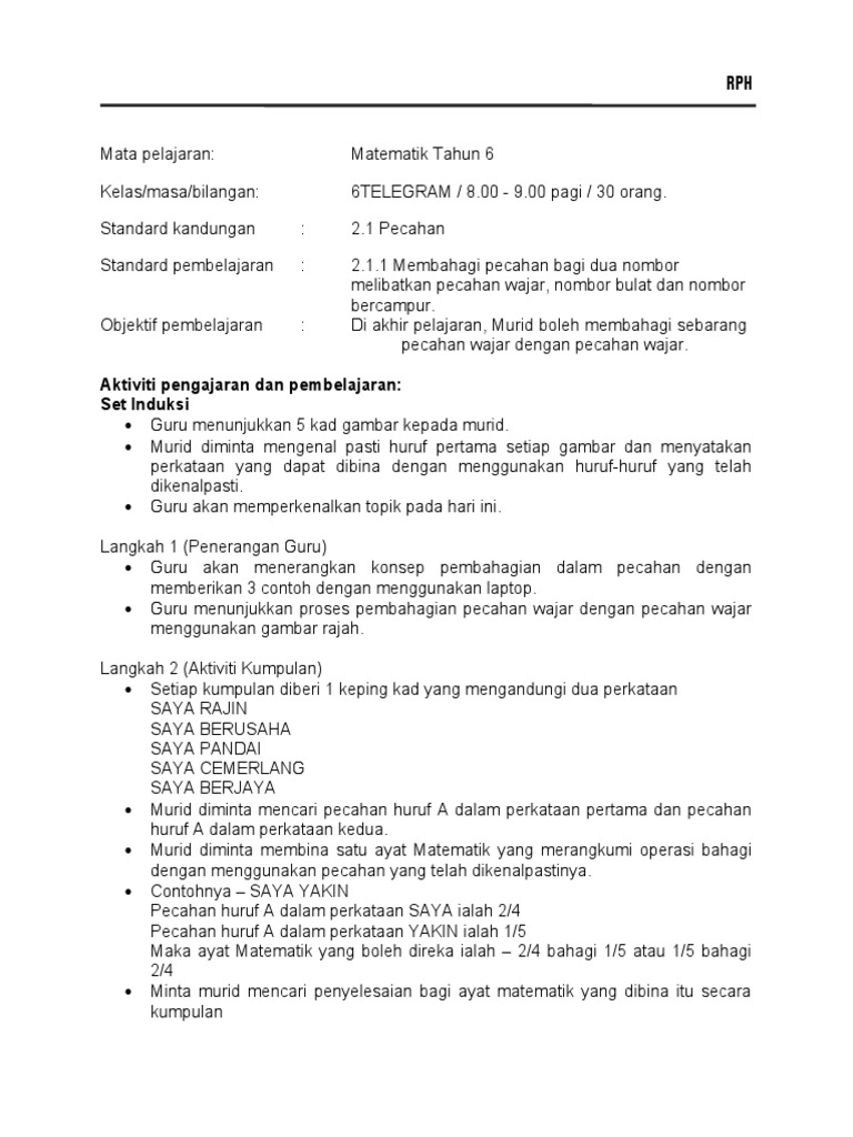 Contoh RPH Matematik Tahun 6 | PDF