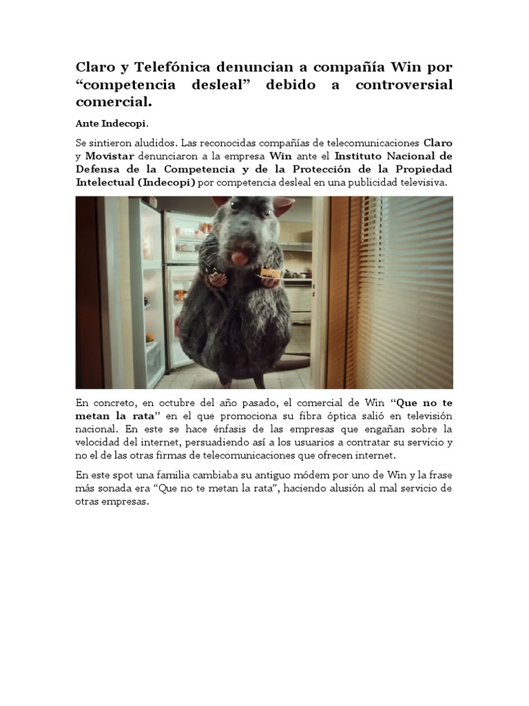 Claro y Telefónica Denuncian A Compañía Win Por | PDF | Publicidad | Internet
