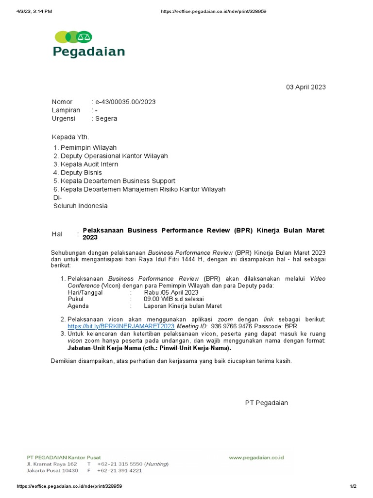 Pelaksanaan Business Performance Review (BPR) Kinerja Bulan Maret 2023 ...
