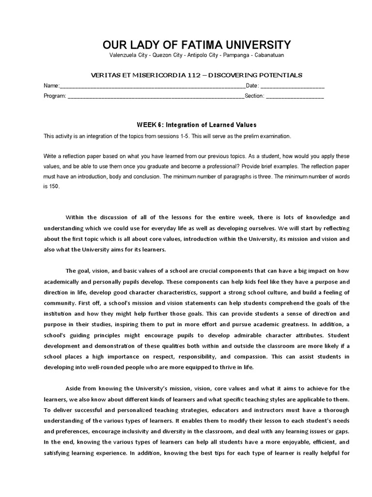 Week 6 Prelim - Integration of Learned Values | PDF
