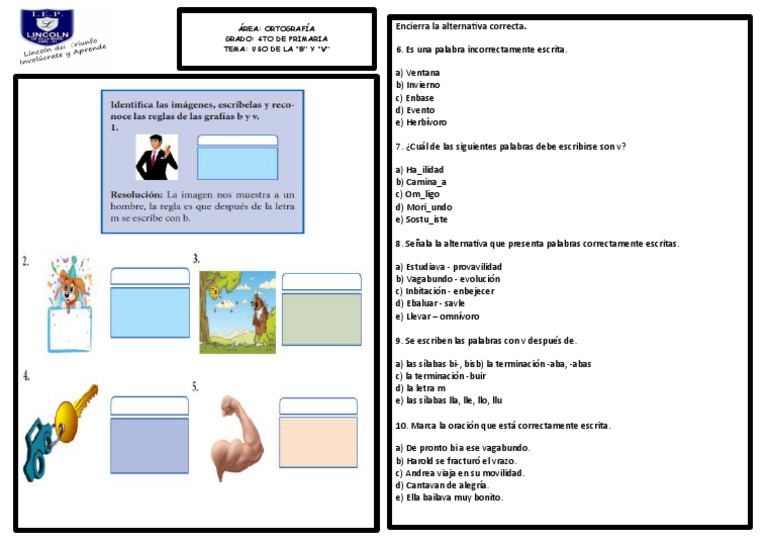 Encierra La Alternativa Correcta.: Área: Ortografía Grado: 4to de Primaria Tema: Uso de La "B" Y ...