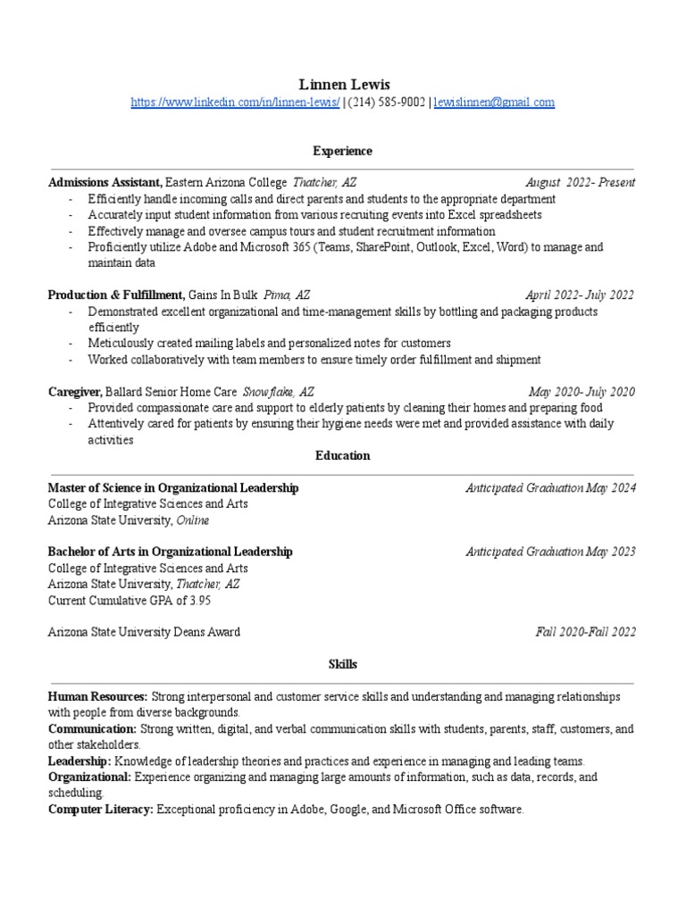 Professional Resume - Linnen Lewis | PDF | Leadership | Information