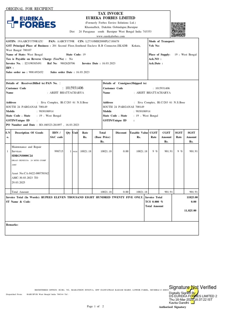 Tax Invoice Eureka Forbes Limited: Original For Recipient | PDF ...