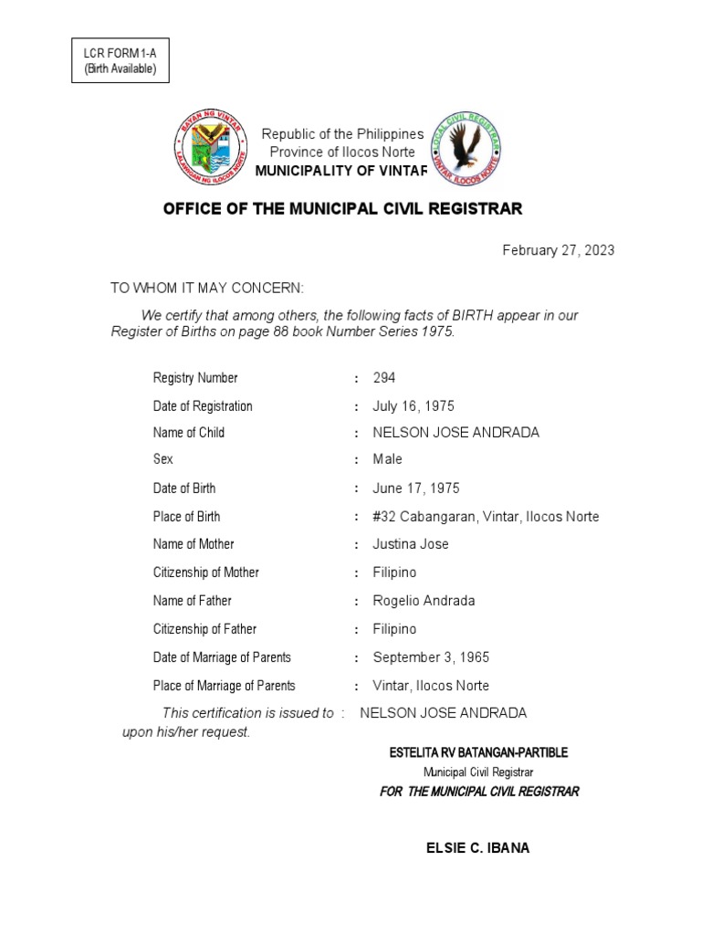 Office of The Municipal Civil Registrar | PDF | Government | Government And Personhood