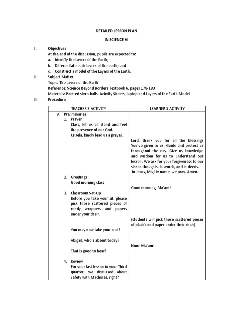 DETAILED LESSON PLAN Layers of The Earth | PDF | Prayer | Earth