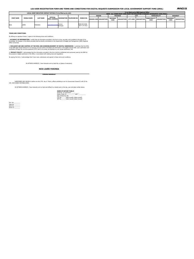 Lgu User Registration Form and Terms and Conditions For Digital ...