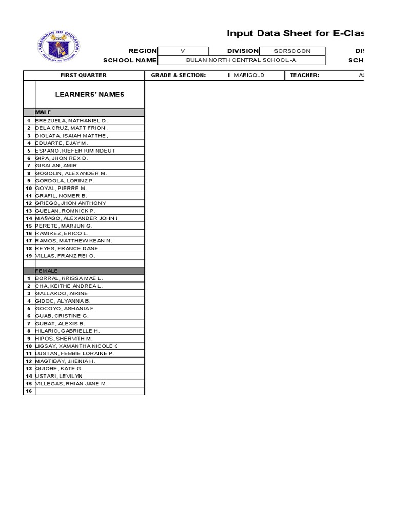 Input Data Sheet For E-Class Record: Region Division District School ...