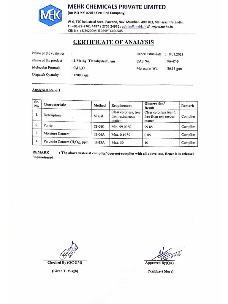 Recovered M-THF Analaysis Report | PDF Recovered M-THF Analaysis Report | PDF