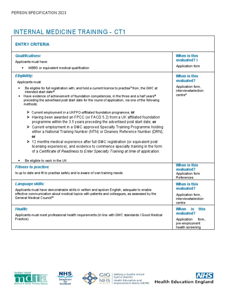 Internal Medicine Training - Ct1: Entry Criteria | PDF | Leadership ...