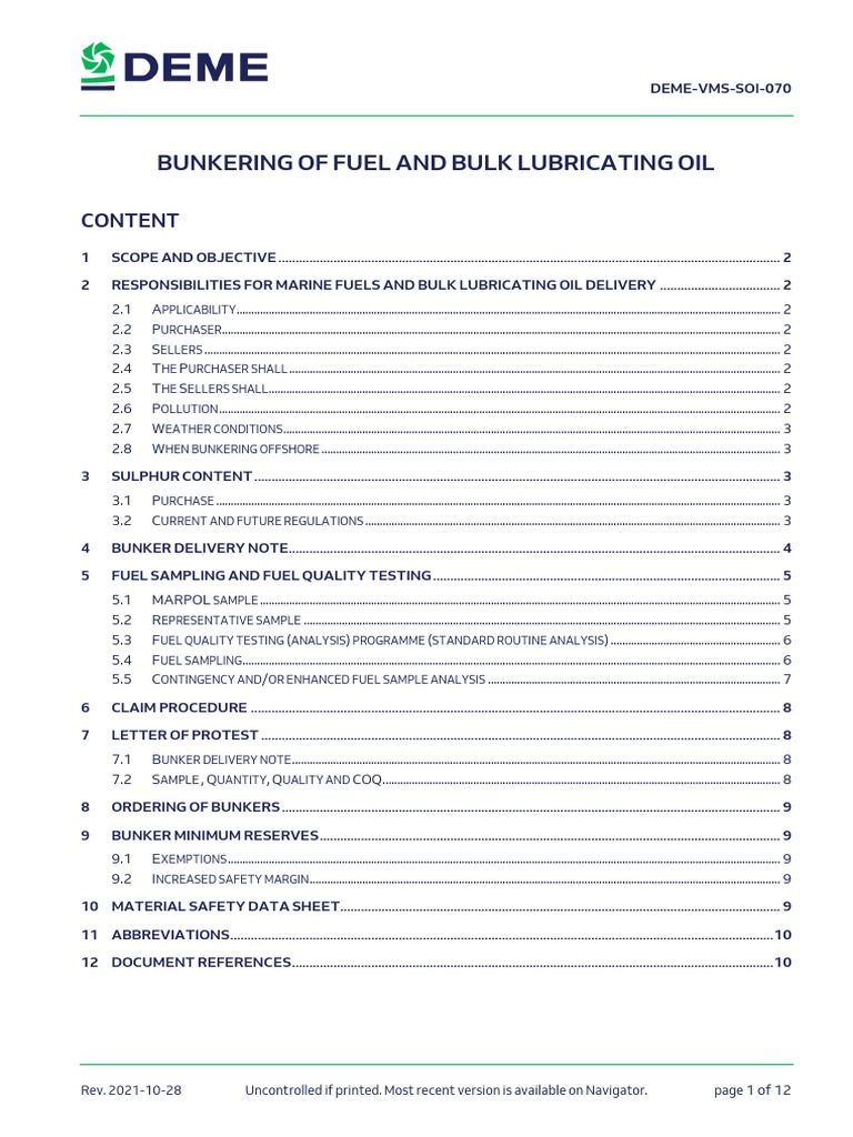 DEME-VMS-SOI-070 Bunkering of Fuel and Bulk Lubrication Oil | PDF | Fuel Oil