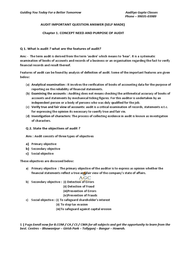 Audit Important Question With Answer Chapter 1 To 5 | PDF | Audit ...