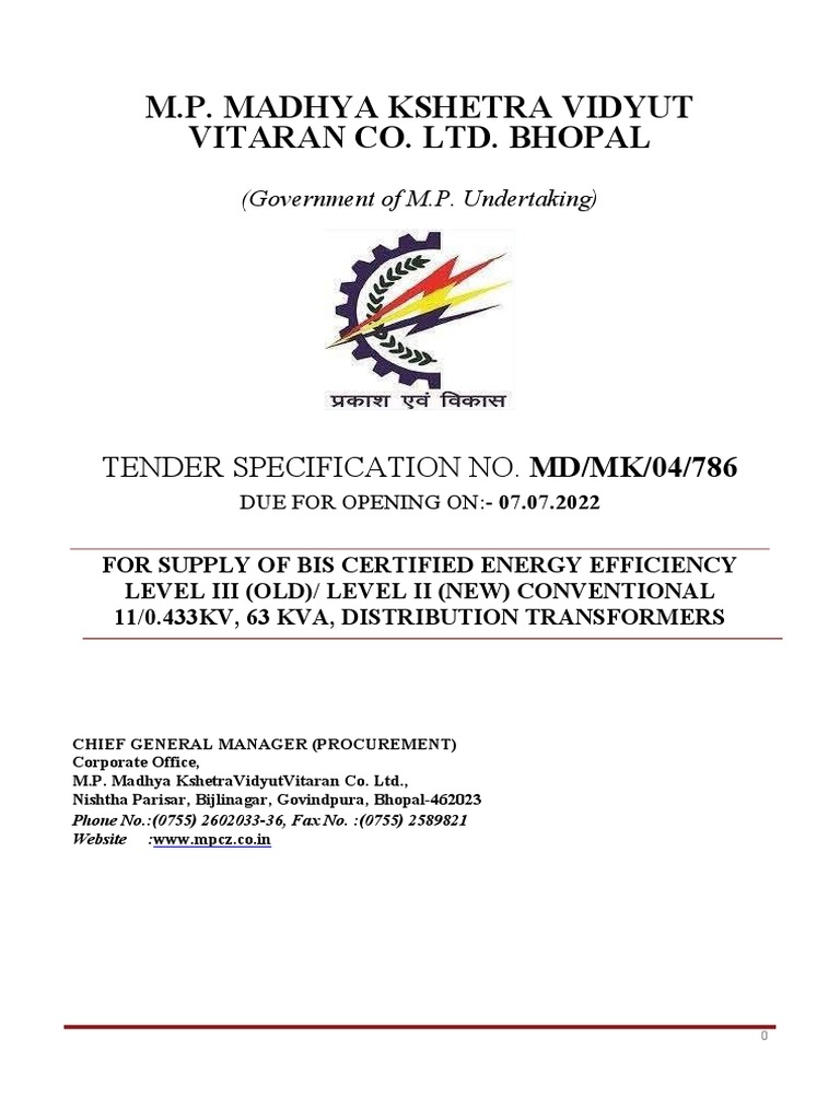 M.P. Madhya Kshetra Vidyut Vitaran Co. Ltd. Bhopal: Tender Specification No. Md/Mk/04/786 | PDF ...