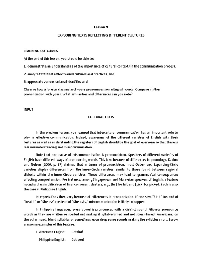 PC Lesson 9-Exploring Texts Reflecting Different Cultures | PDF | English Language | Communication