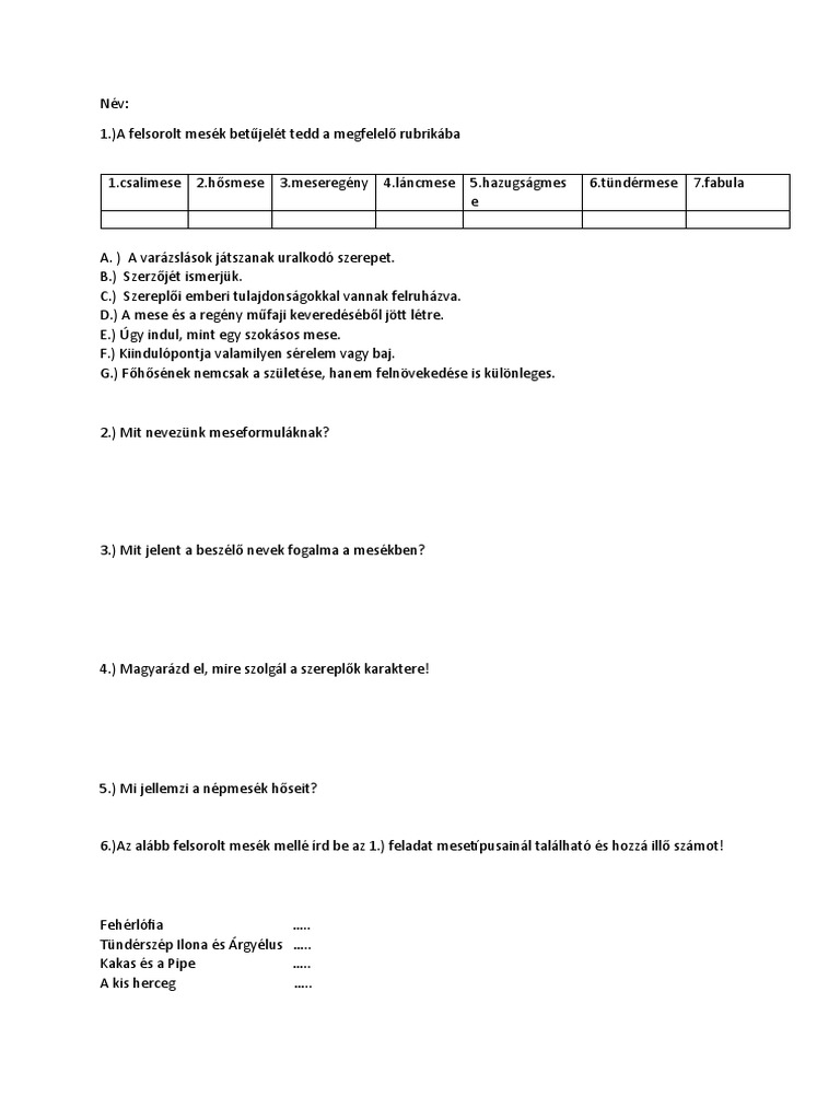 5. osztályos dolgozat.Mese | PDF