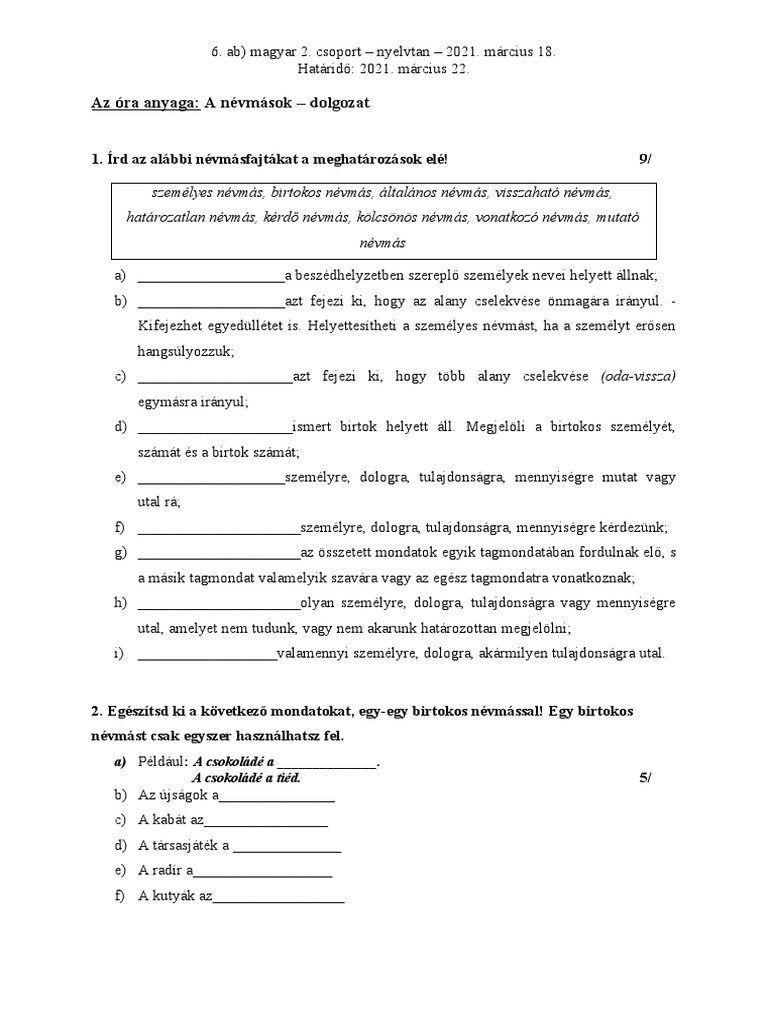 A Névmások Dolgozat | PDF