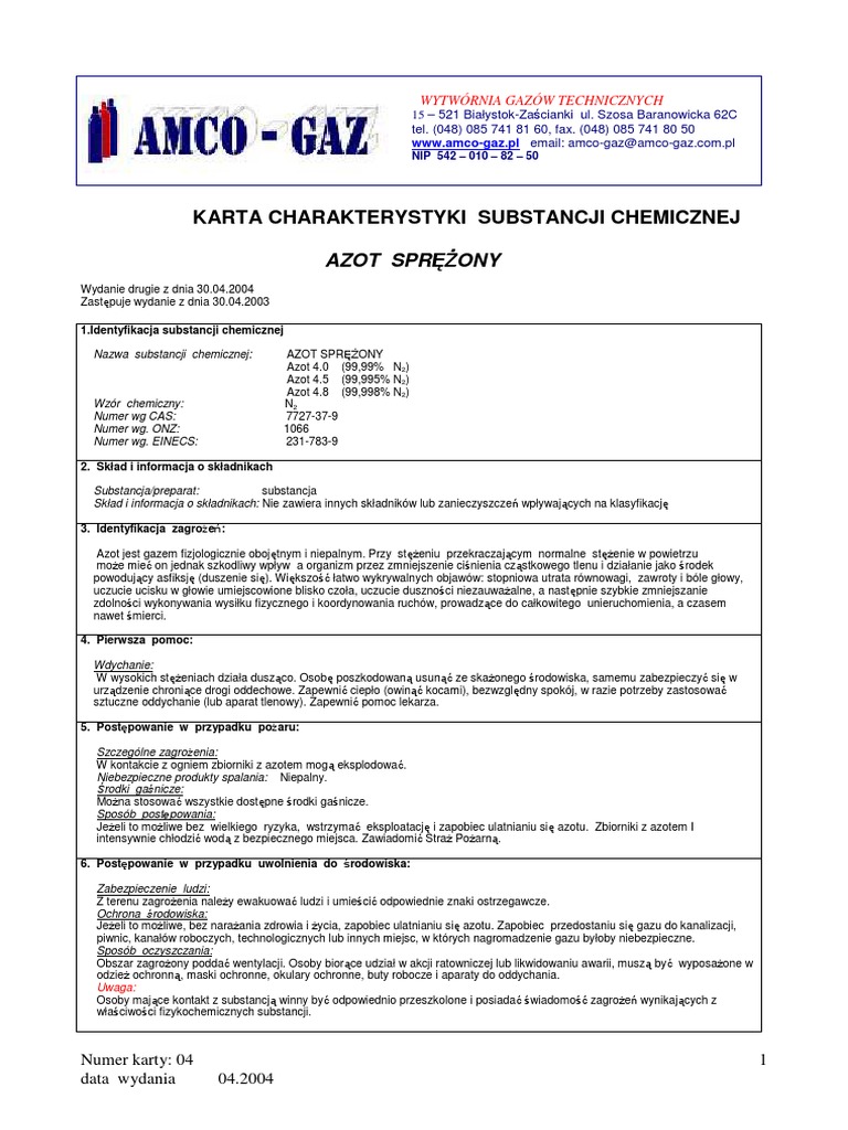 Karta Charakterystyki Substancji Chemicznej: Azot SPR ONY | PDF