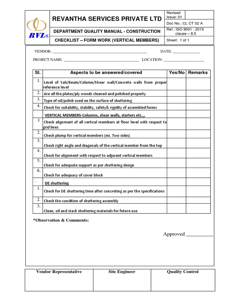 CL CT 02 - A Check List For Vertical Member Form Work | PDF