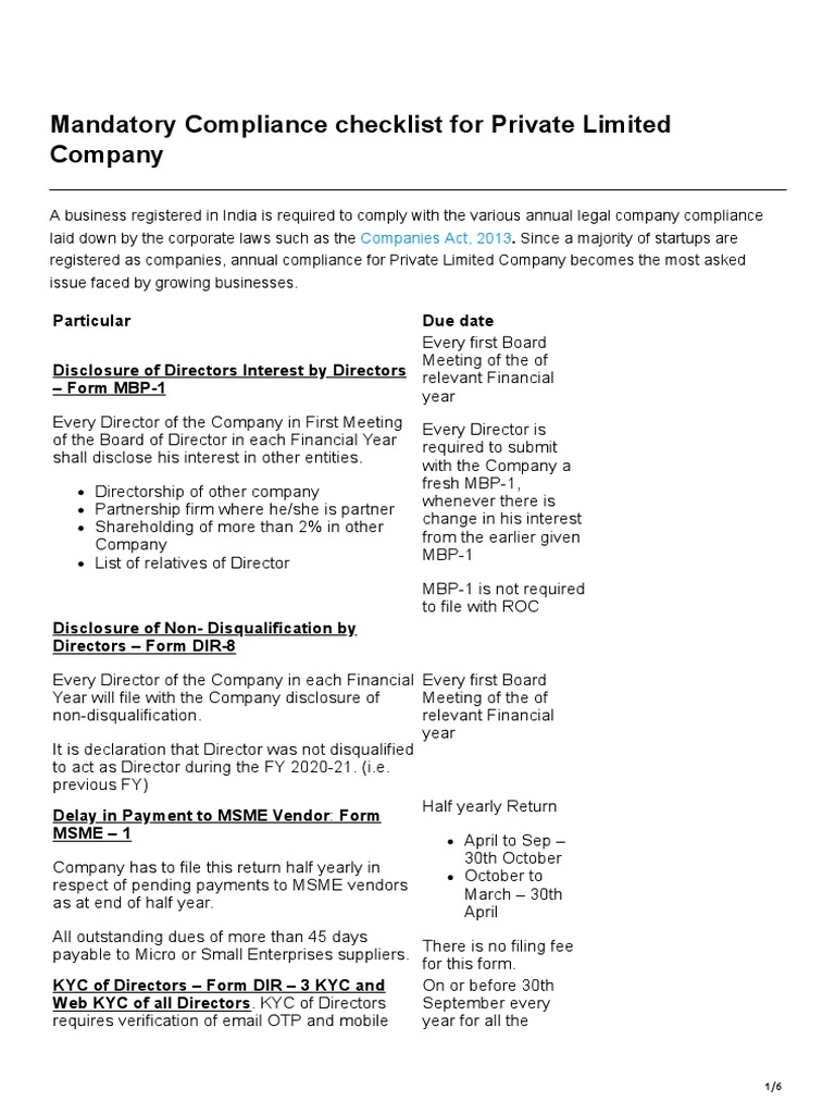 Mandatory Compliance checklist for Private Limited Company | PDF