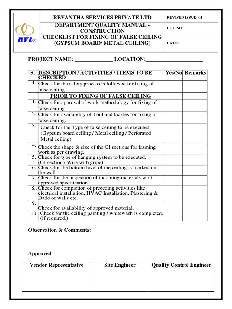False Celling Check List | PDF | Ceiling | Drywall