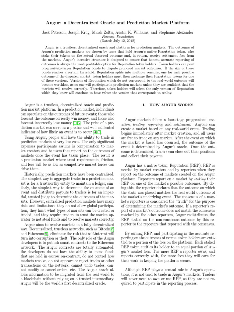 Augur Whitepaper Pdf Private Sector Market Economics