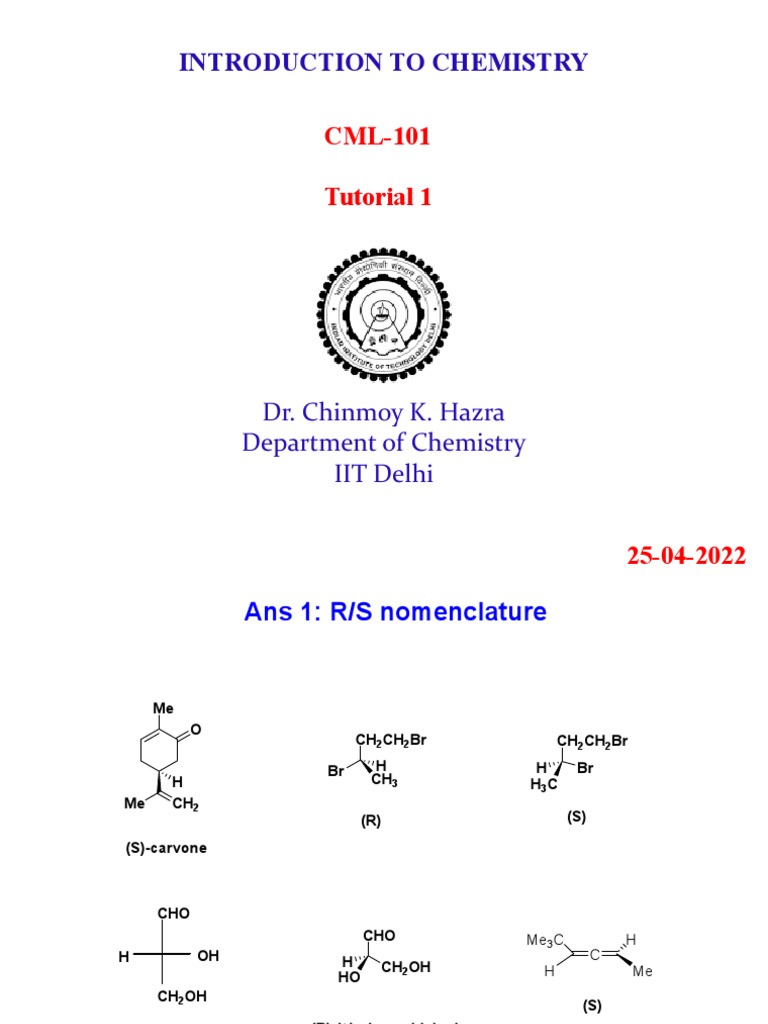 CML-101-Tutorial 1 - Anwser Key | PDF | Chirality (Chemistry) | Physical Sciences