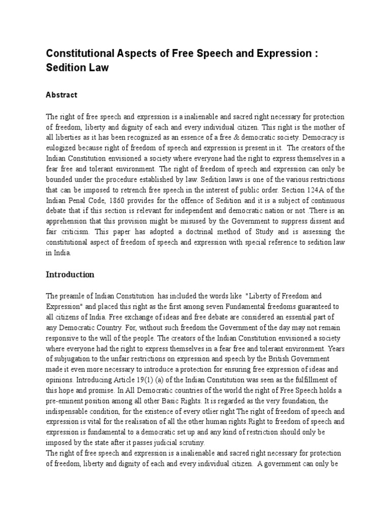 Constitutional Aspects of Free Speech and Expression - Sedition Law | PDF