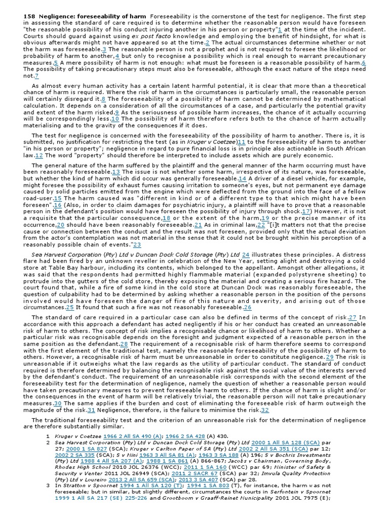 158 Negligence - Foreseeability of Harm Foreseeability Is The ...